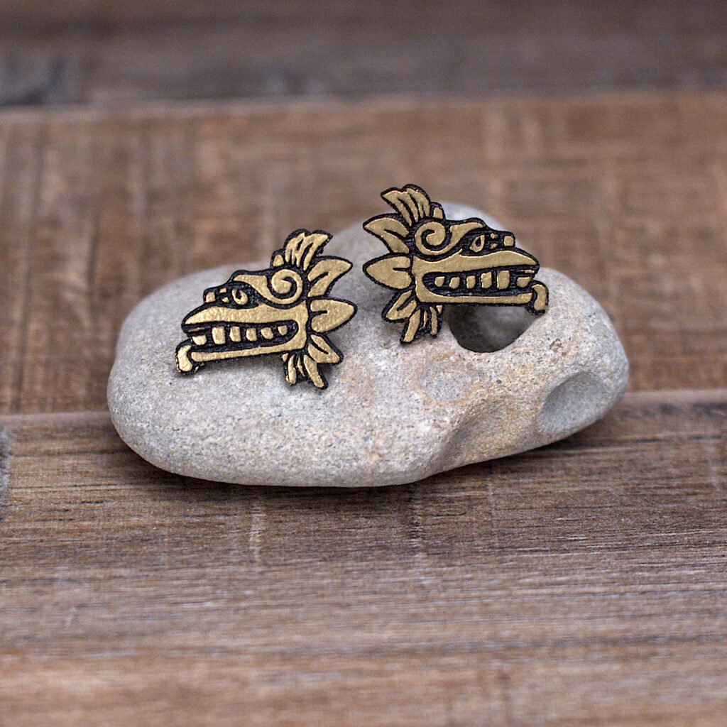Aztec Quetzalcoatl (feathered serpent) wood earrings